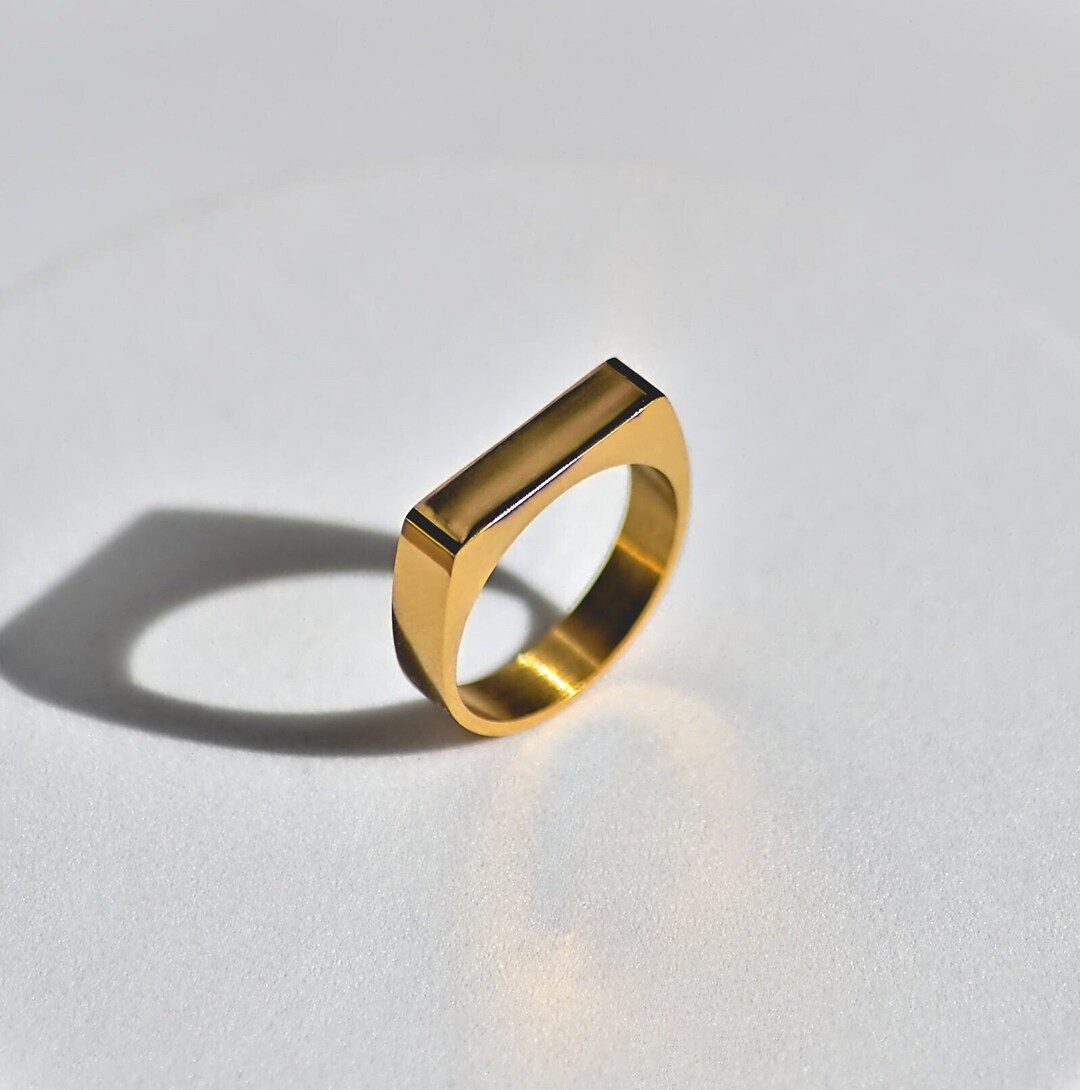 Gold Signet Ring Flat Bar Ring 18k Gold Plated Signet Ring Minimalist ...