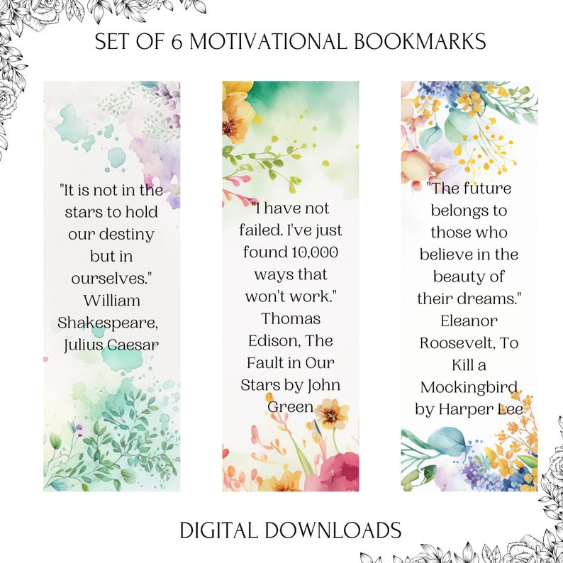 Set of 6 Digital Bookmarks Motivational English Quote - Etsy