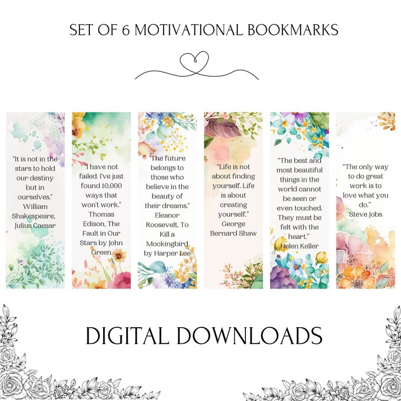 Set of 6 Digital Bookmarks, Motivational English Quote Bookmarks ...