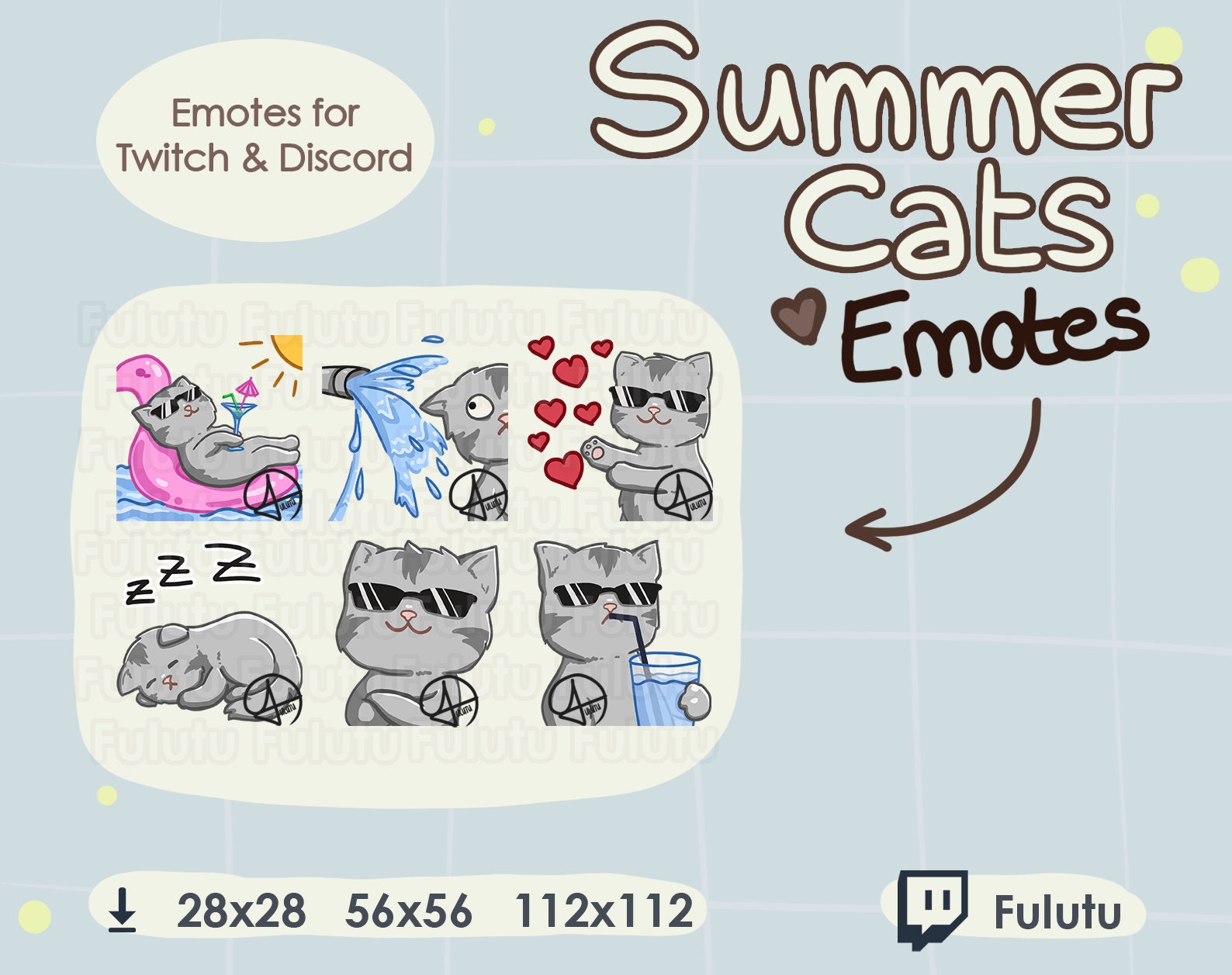 Summer Cats Grey Emote Pack | Twitch | Discord | Youtube | Kawaii Cute ...