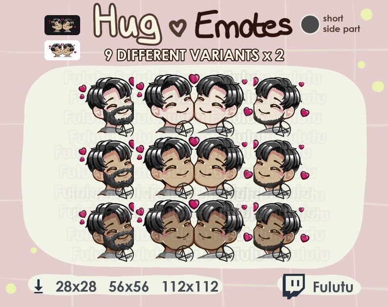 Hug Emote Pack - Short Side Part Black | Twitch | Discord | Youtube ...