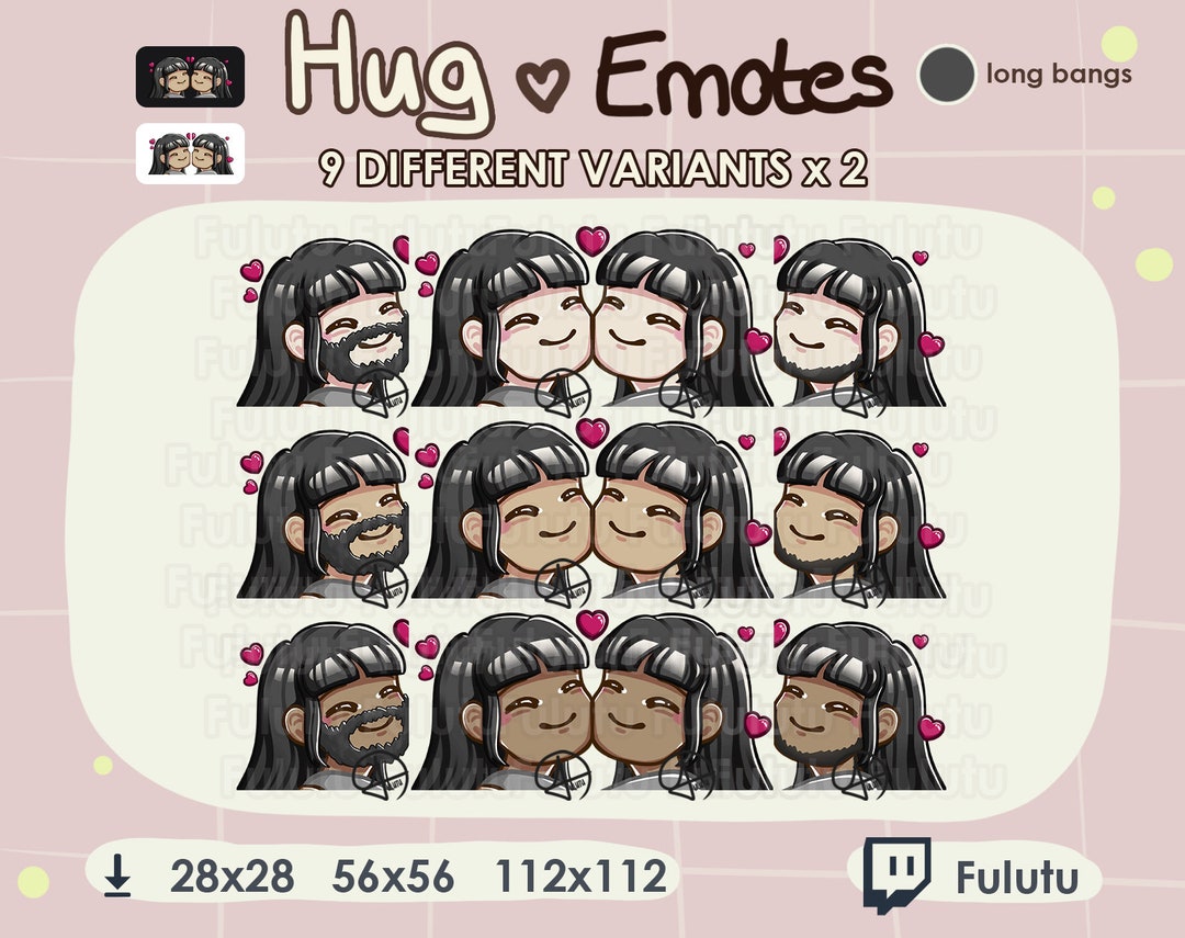 Hug Emote Pack - Long Bangs Black | Twitch | Discord | Youtube | Kawaii ...