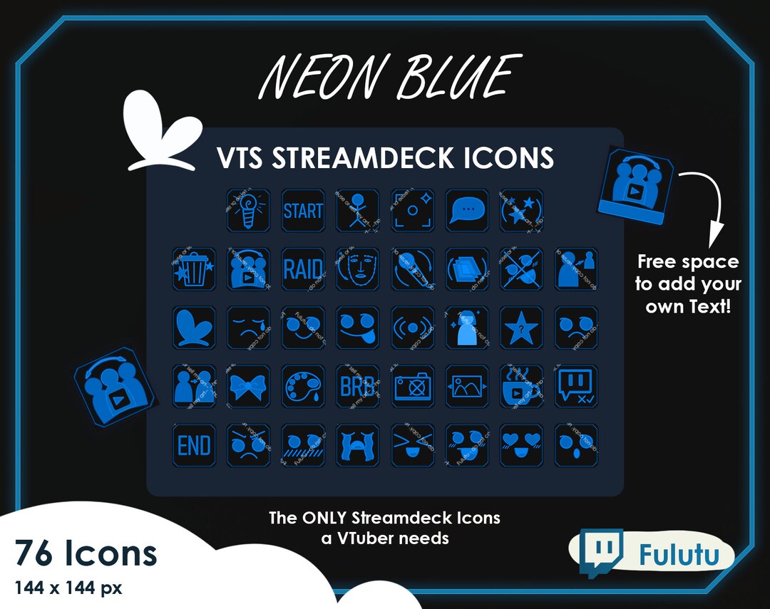 Neon Blue VTS Stream Deck Icon Pack Twitch Discord Youtube Kawaii Cute ...