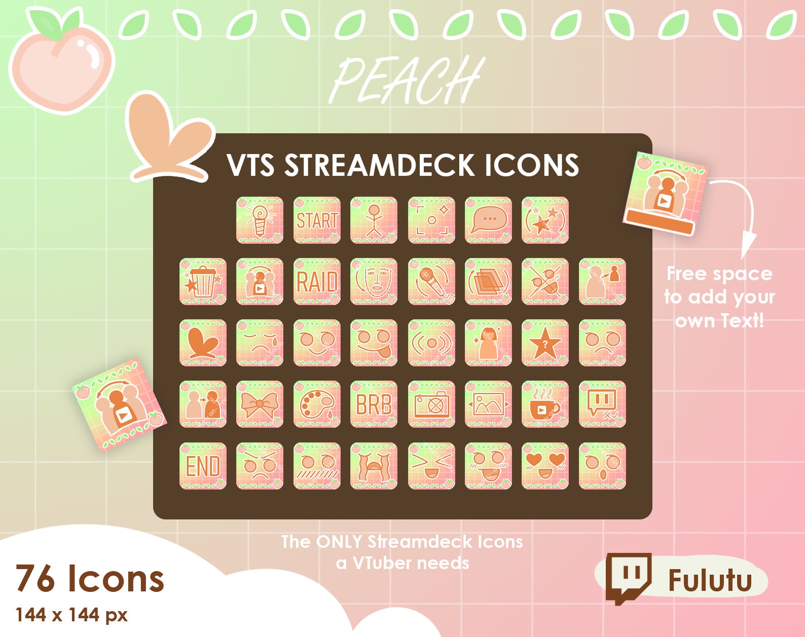Peach VTS Stream Deck Icon Pack | Twitch | Discord | Youtube | Kawaii ...