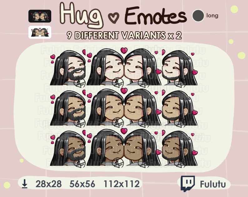 Hug Emote Pack - Long Black | Twitch | Discord | Youtube | Kawaii Cute ...