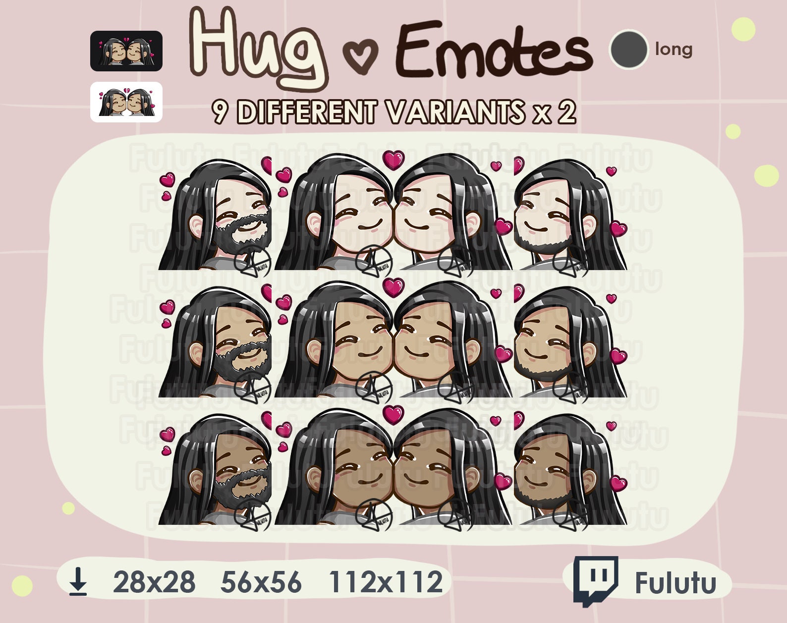 Hug Emote Pack - Long Black | Twitch | Discord | Youtube | Kawaii Cute ...