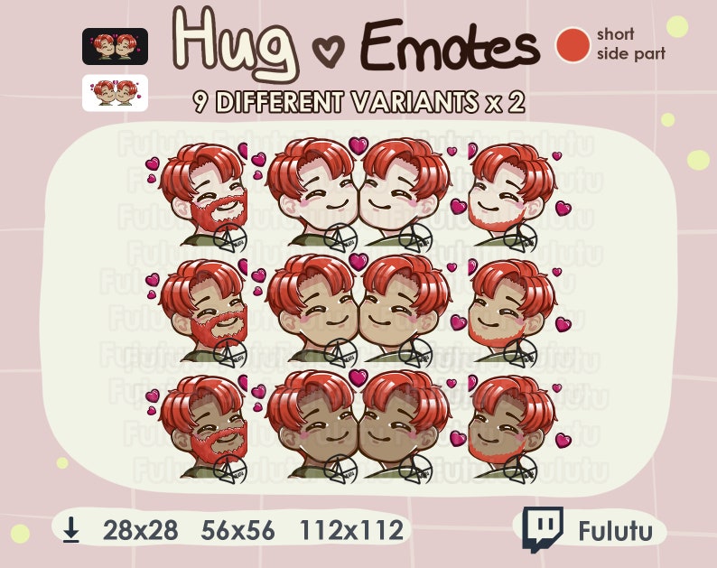 Hug Emote Pack Short Side Part Red Twitch Discord Youtube Kawaii Cute ...