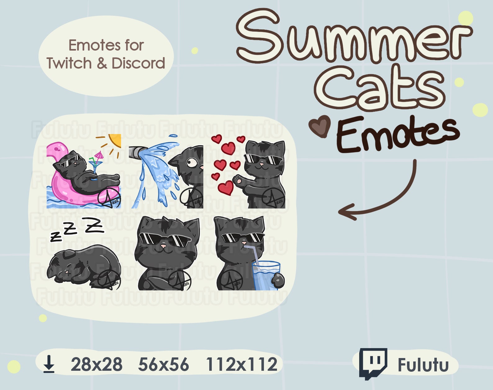 Summer Cats Black Emote Pack Twitch Discord Youtube Kawaii Cute Vtuber ...