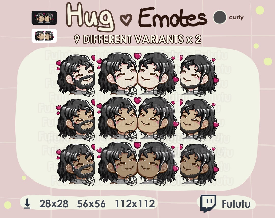 Hug Emote Pack - Curly Black | Twitch | Discord | Youtube | Kawaii Cute ...