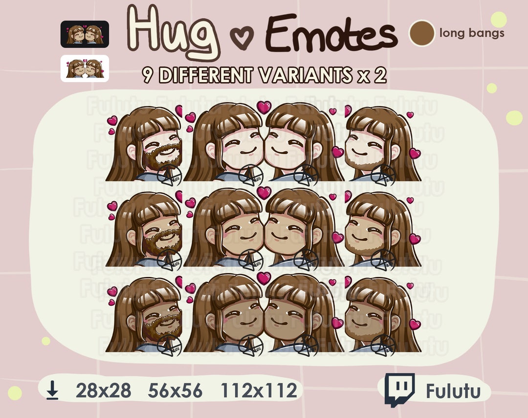 Hug Emote Pack - Long Bangs Brown | Twitch | Discord | Youtube | Kawaii ...