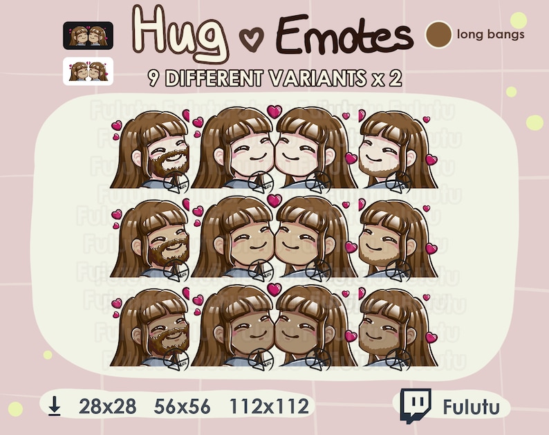Hug Emote Pack - Long Bangs Brown | Twitch | Discord | Youtube | Kawaii ...