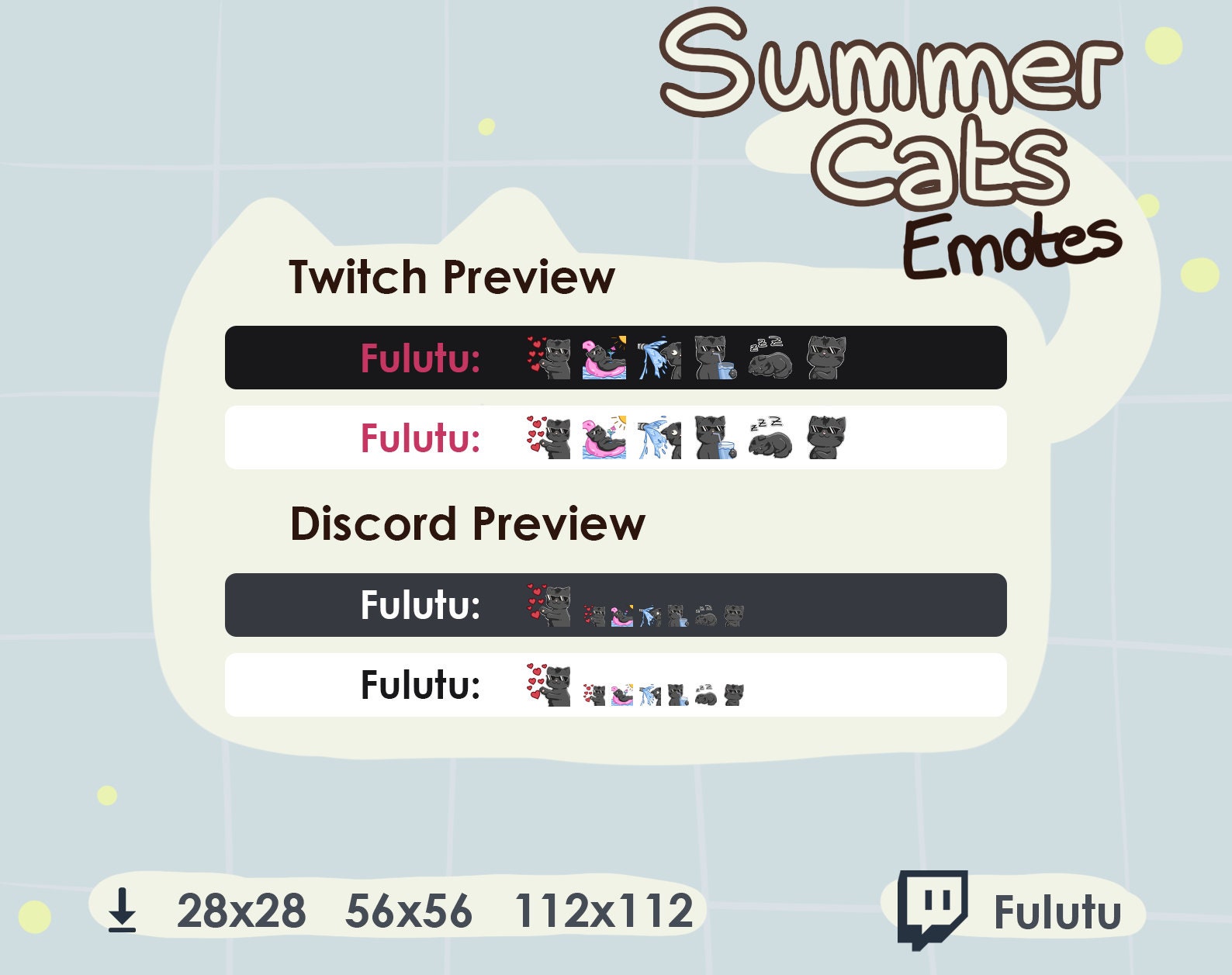 Summer Cats Black Emote Pack Twitch Discord Youtube Kawaii Cute Vtuber ...