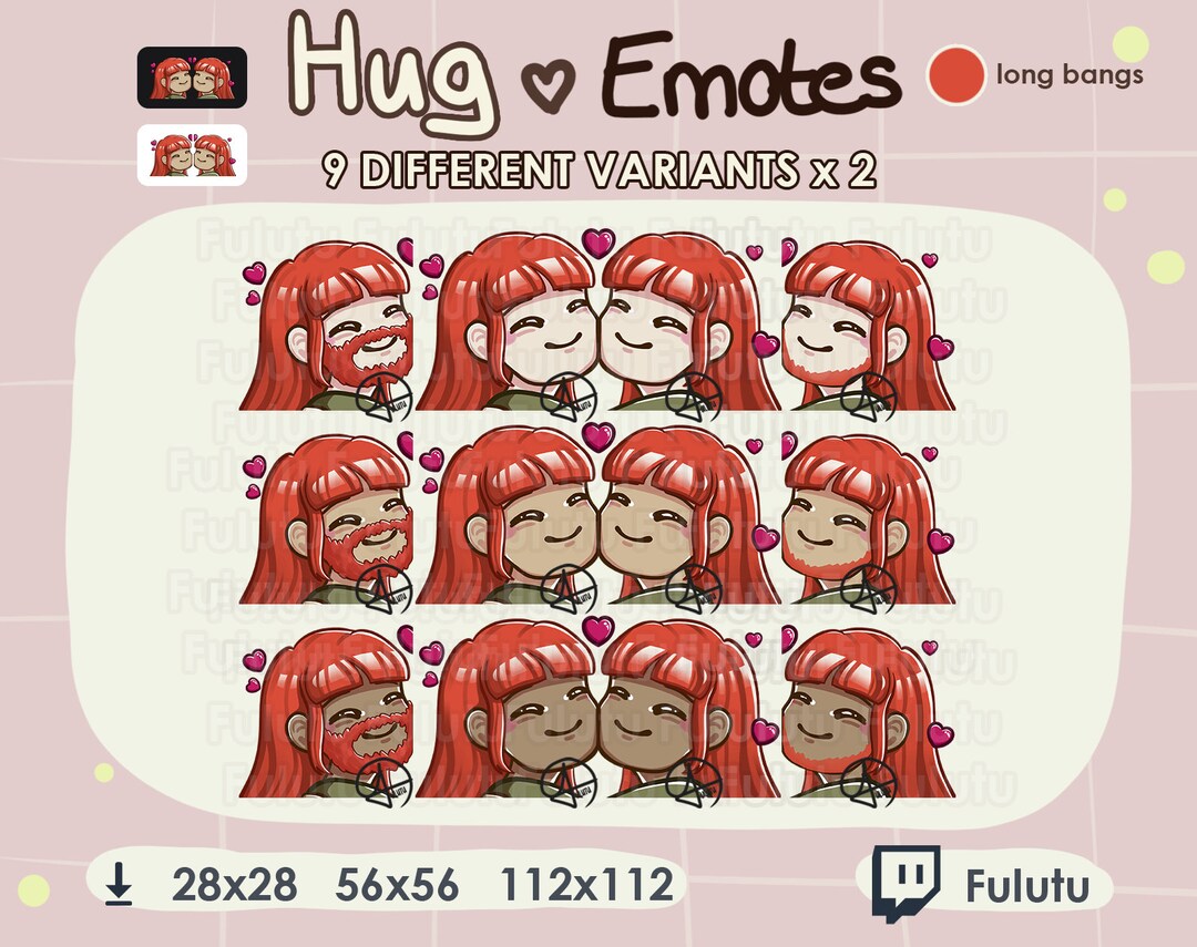 Hug Emote Pack - Long Bangs Red | Twitch | Discord | Youtube | Kawaii ...