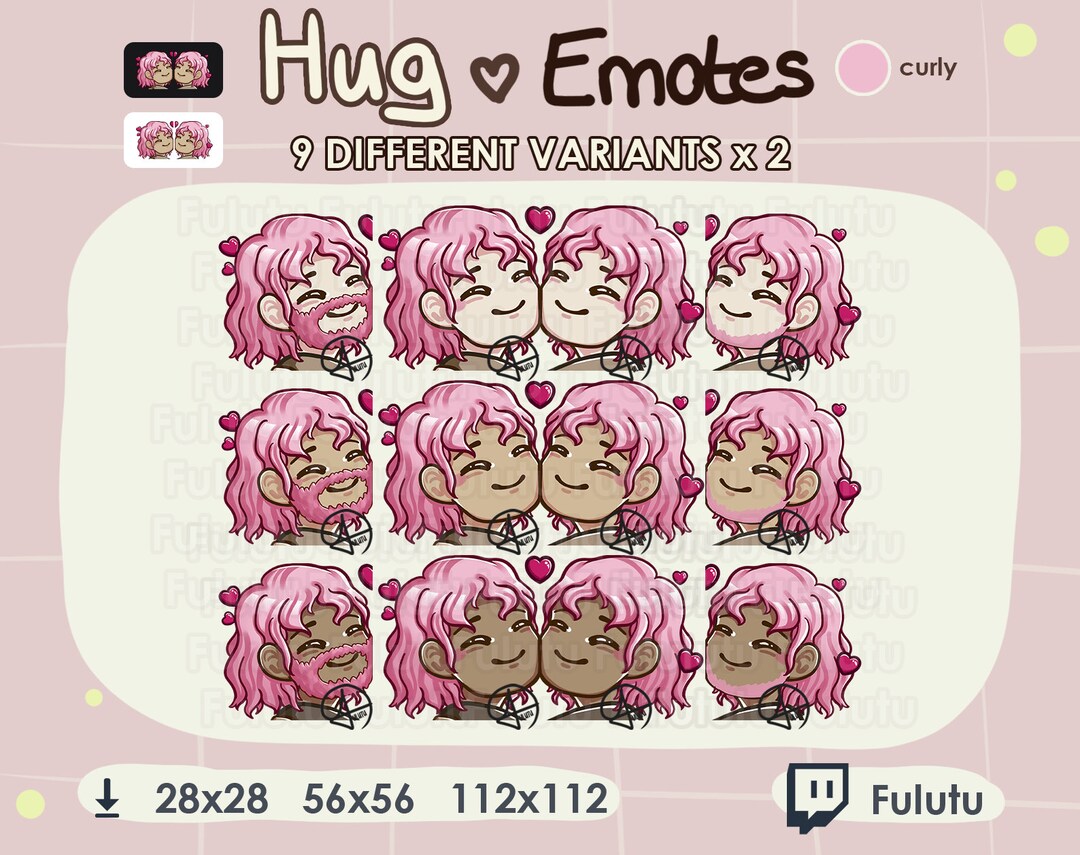 Hug Emote Pack - Curly Pink | Twitch | Discord | Youtube | Kawaii Cute ...