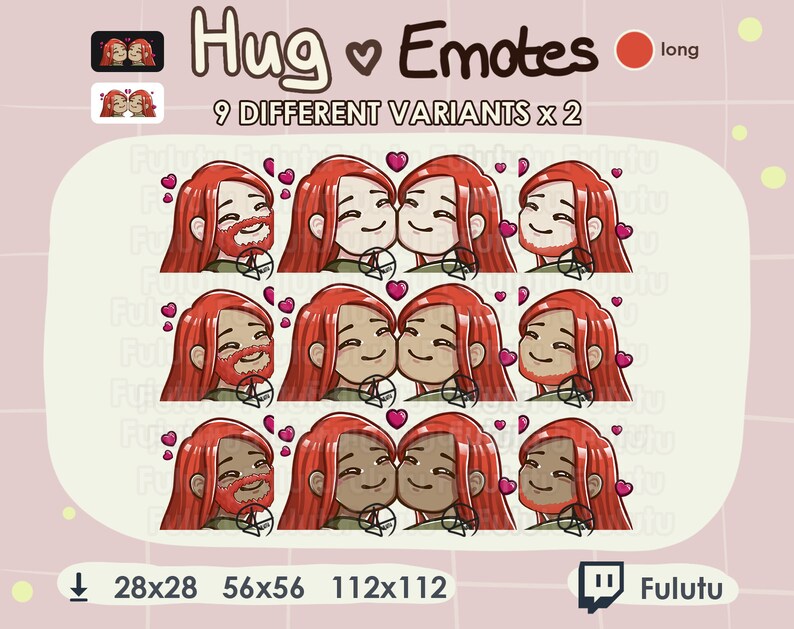 Hug Emote Pack - Long Red | Twitch | Discord | Youtube | Kawaii Cute ...