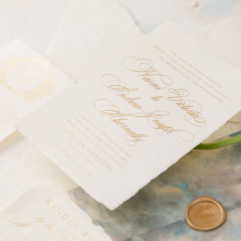 Gold Foil Handmade Paper Wedding Invitations, Classic Wedding ...