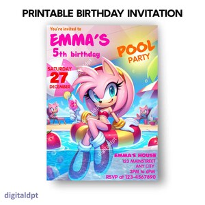 Amy Rose Pool Party Invitation, Sonic Girl Birthday Invite, Editable ...