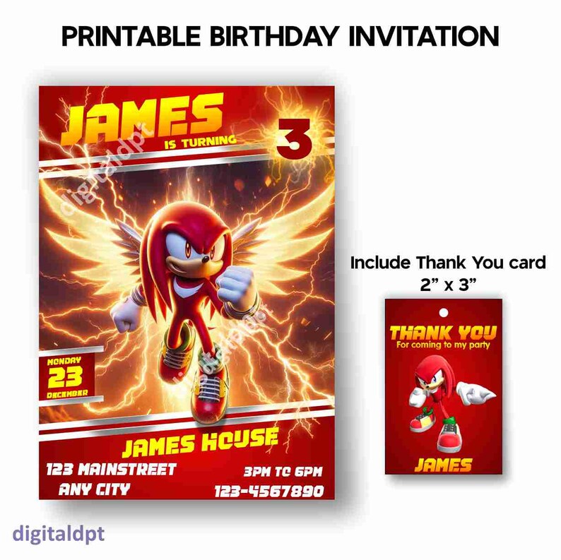 Sonic Birthday Invitation Card, Knuckles the Echidna Birthday Invite ...
