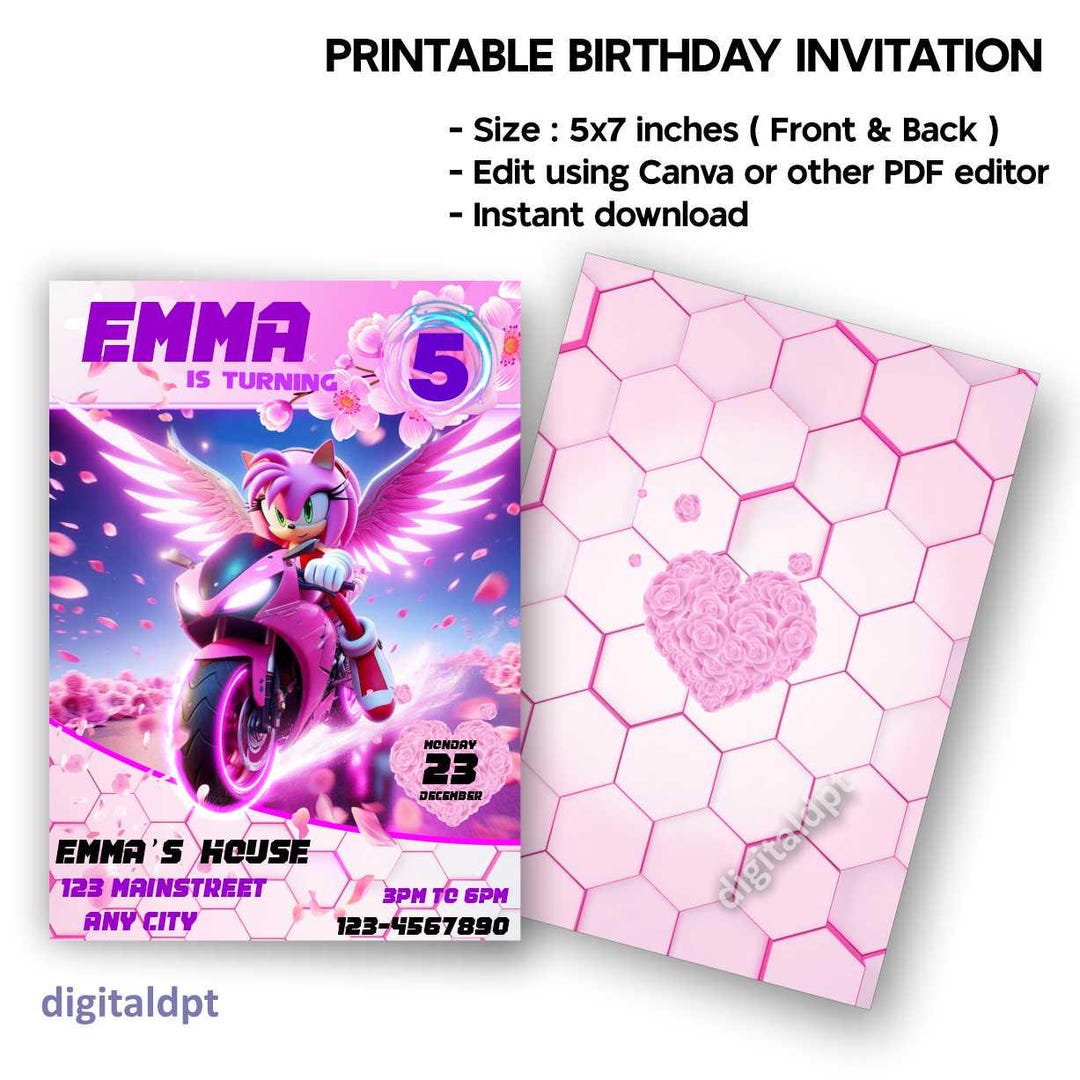 Amy Rose Printable Birthday Invitation Card, Custom Amy Birthday Card ...