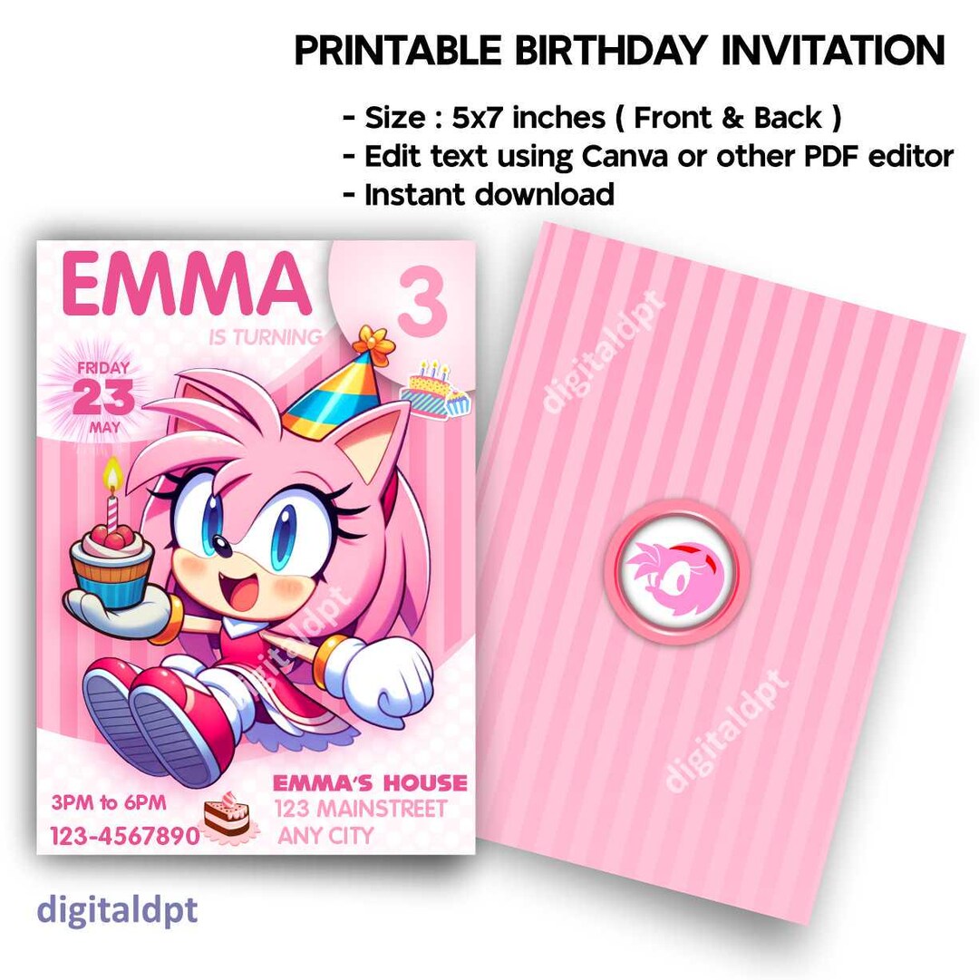 Amy Rose Printable Birthday Invitation Card, Custom Amy Birthday Card ...