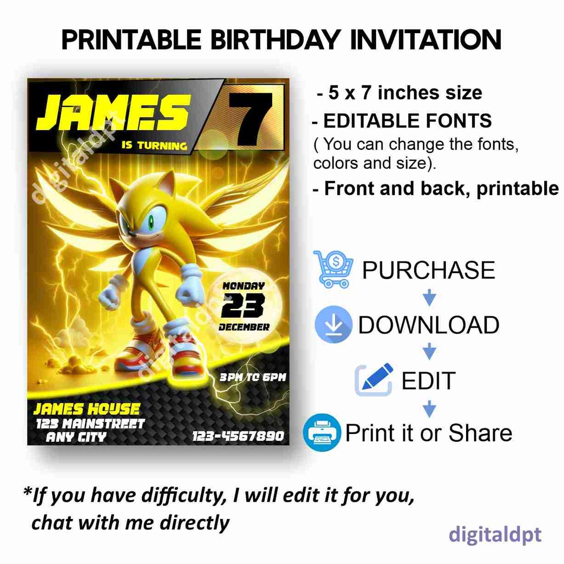 Sonic Birthday Card Template, Digital Download Hedgehog Party ...
