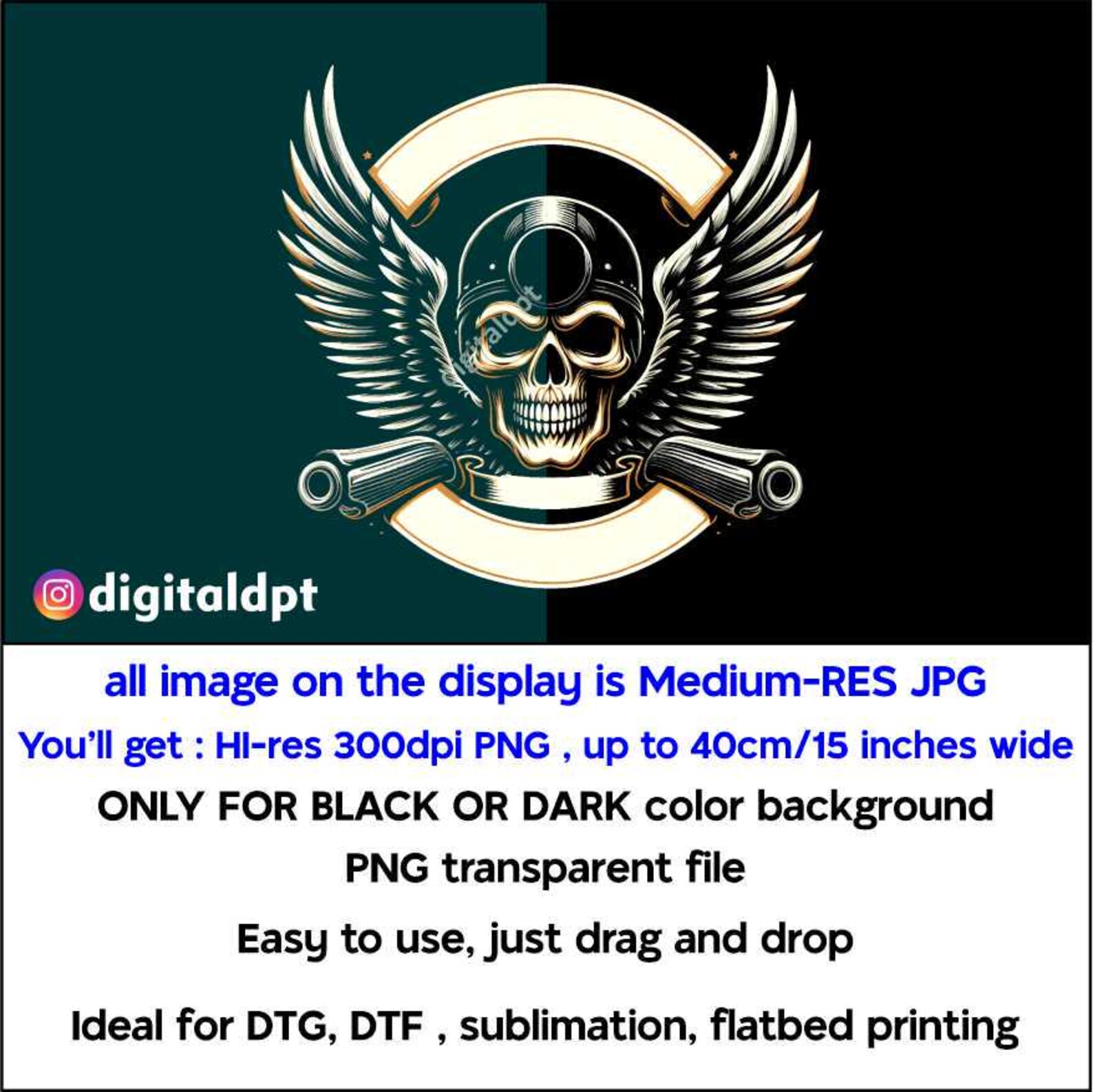 Biker Skull Design, Motorcycle PNG Transparent, for BLACK Color T-shirt ...