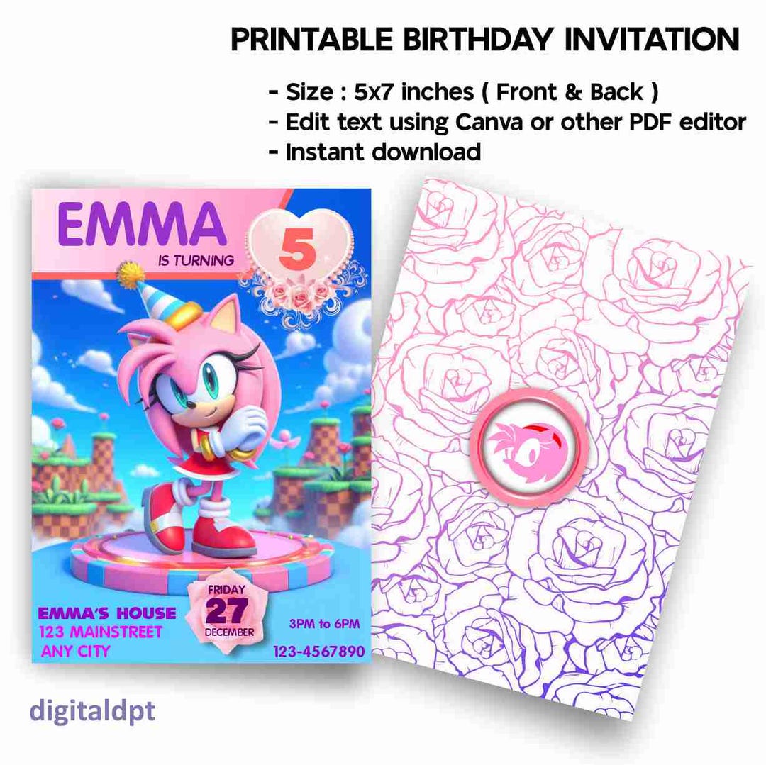 Amy Rose Birthday Invitation Card, Printable Amy Birthday Card, Sonic ...