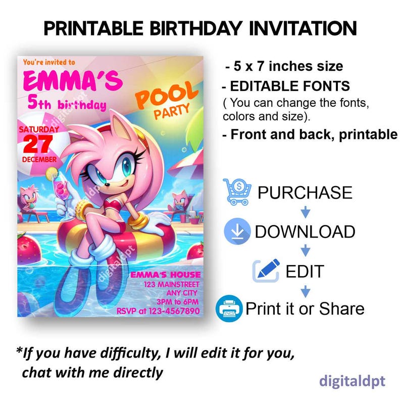 Amy Rose Pool Party Invitation, Sonic Girl Birthday Invite, Editable ...