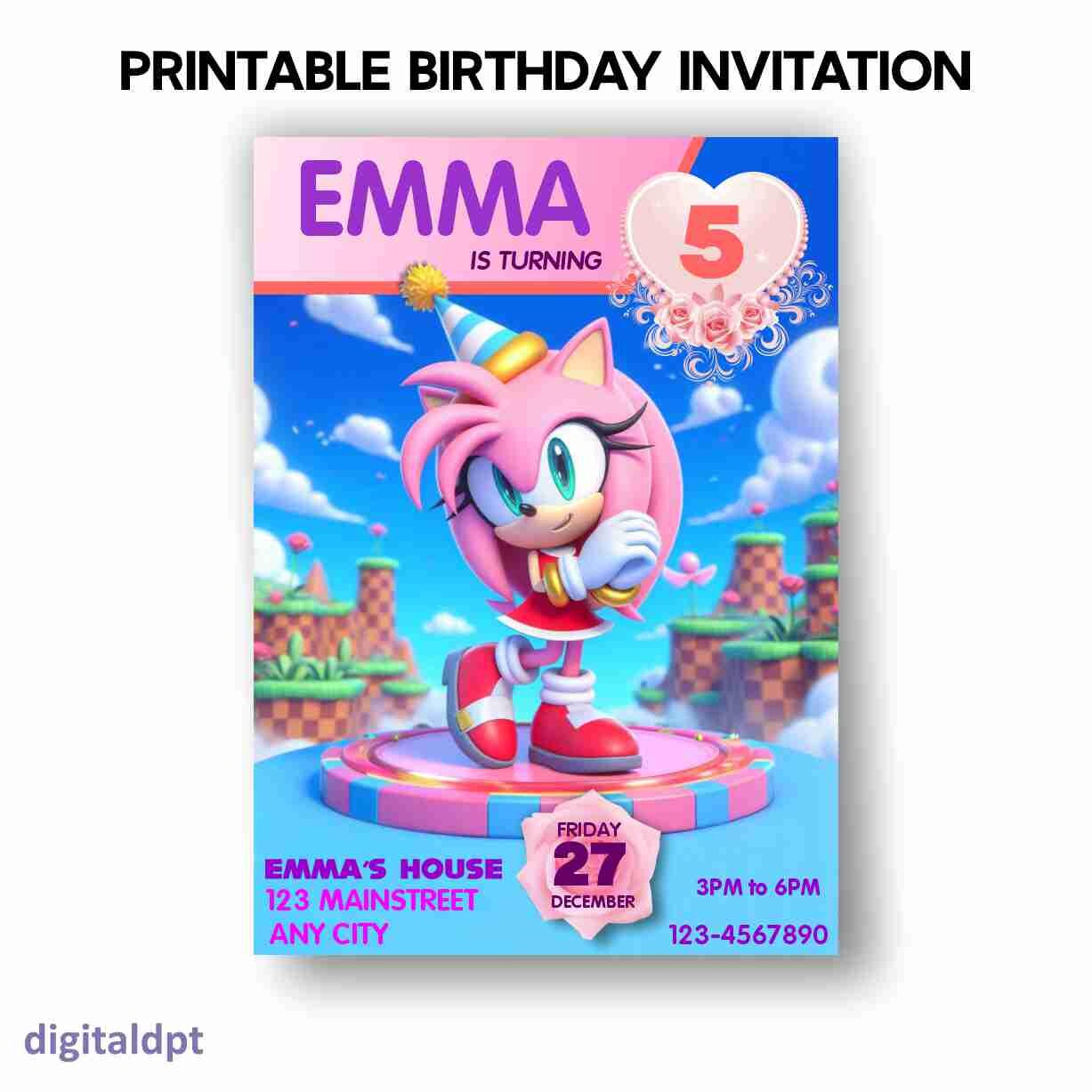 Amy Rose Birthday Invitation Card, Printable Amy Birthday Card, Sonic ...