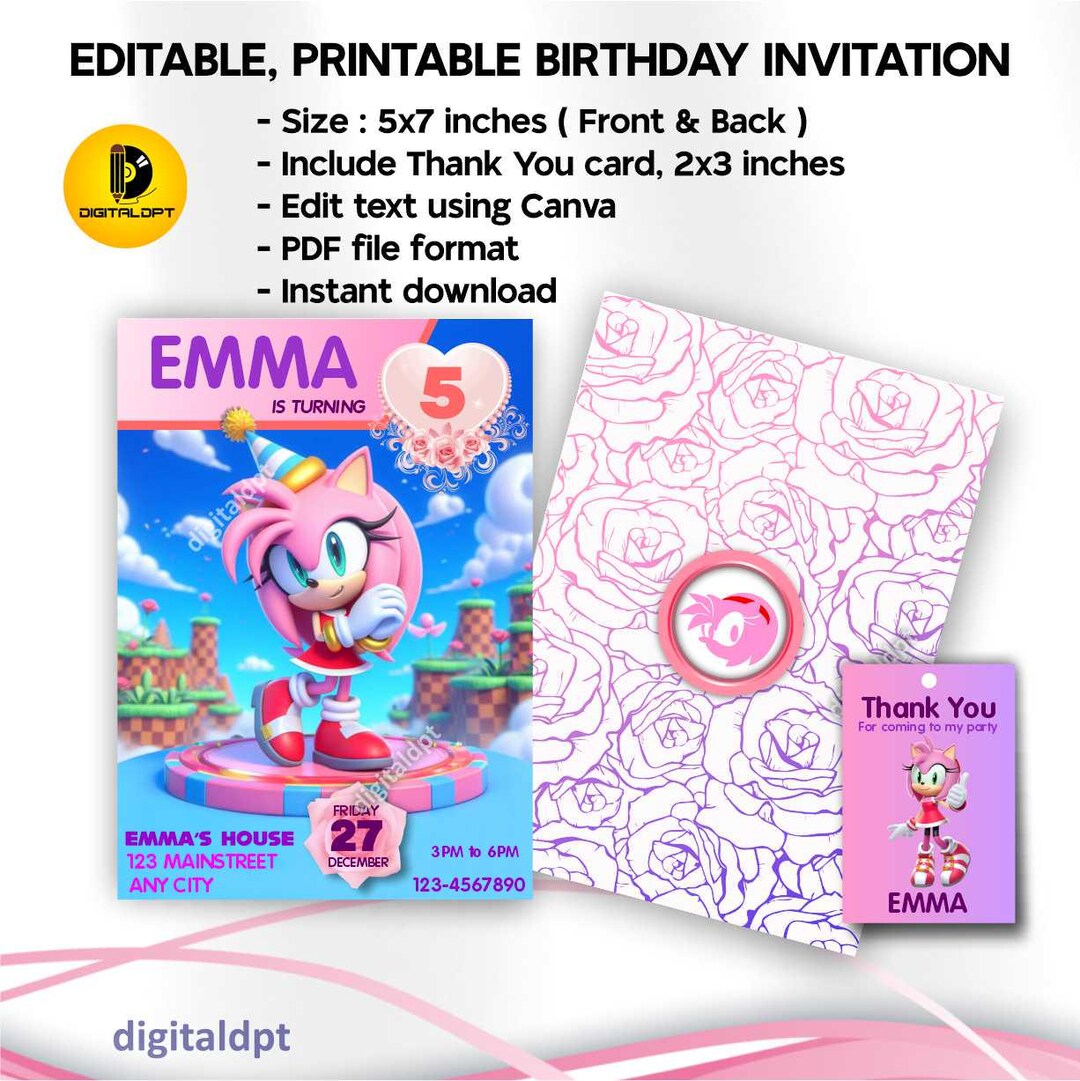 Amy Rose Birthday Invitation Card, Printable Amy Birthday Card, Sonic ...