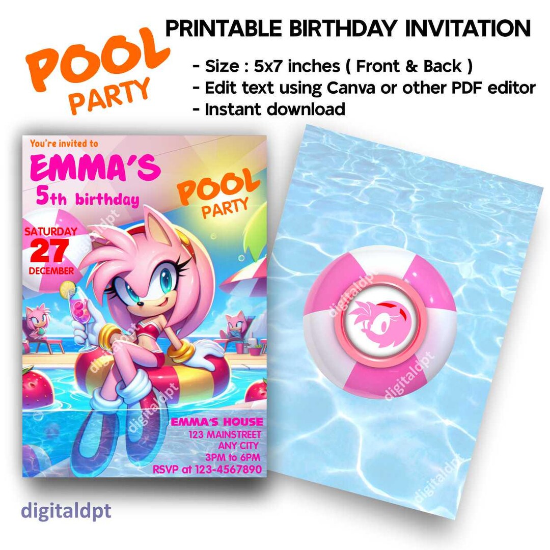 Amy Rose Pool Party Invitation, Sonic Girl Birthday Invite, Editable ...