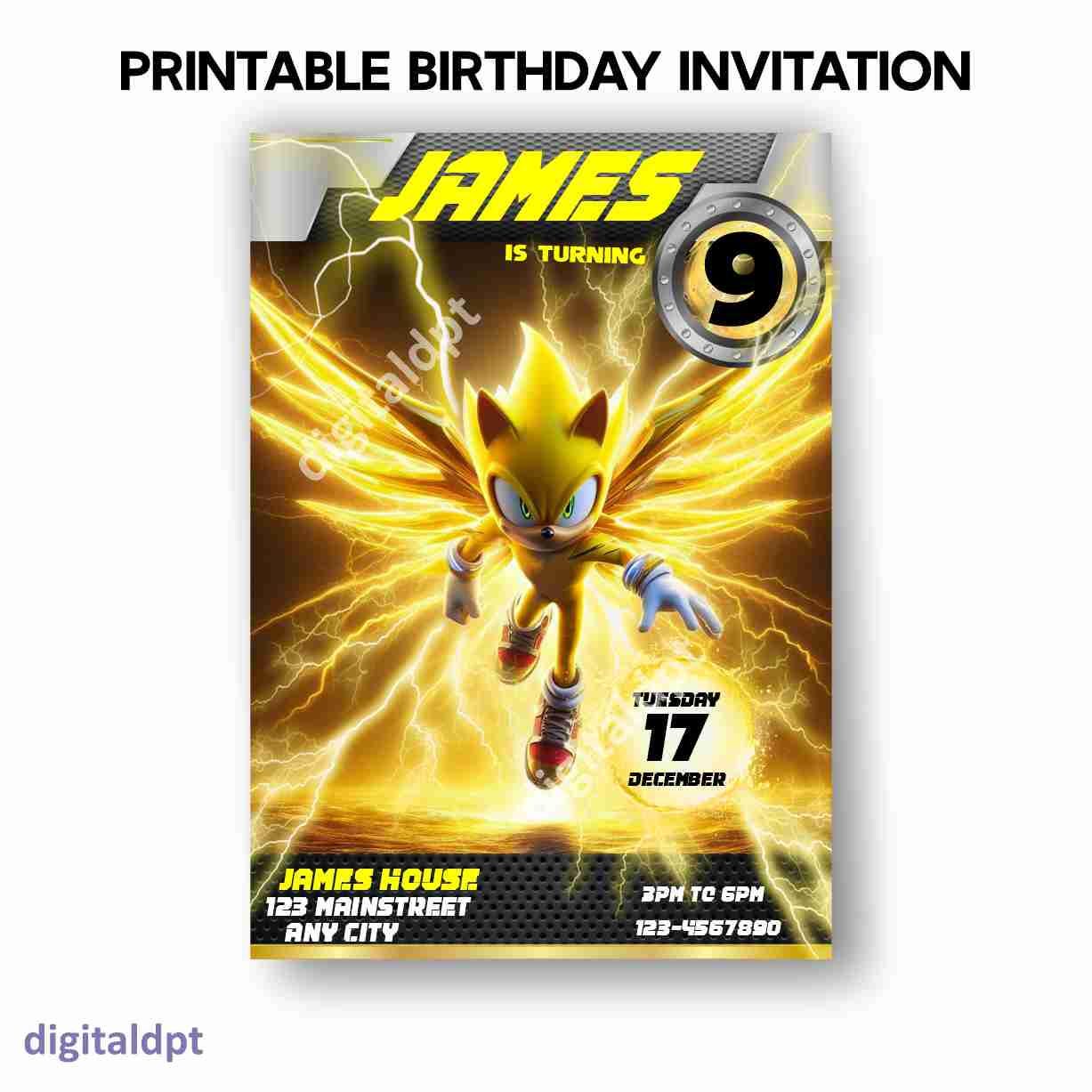 Sonic Birthday Invitation Card, Super Sonic Invite Card, Sonic the ...