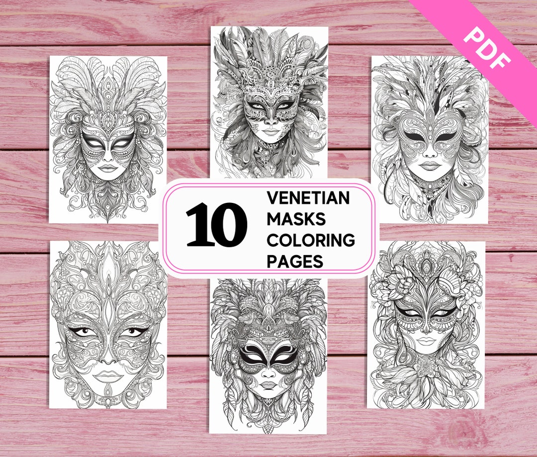 10 Venetian Masks Coloring Pages for Kids and Adults | Printable PDF 10 ...