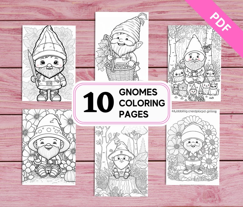 10 Gnomes Coloring Pages for Kids | Printable PDF 10 Pages A4 | Instant ...