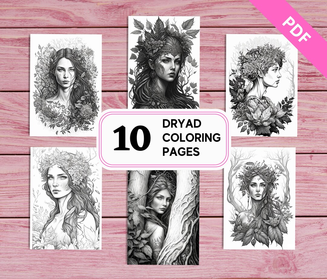 Forest Dryad Coloring Pages - 10 Grayscale Fantasy Art (printable PDF ...