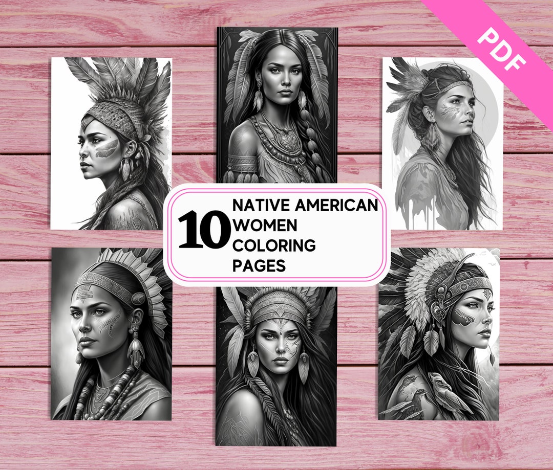 Native American Women Coloring Pages - Adult Greyscale Portraits ...