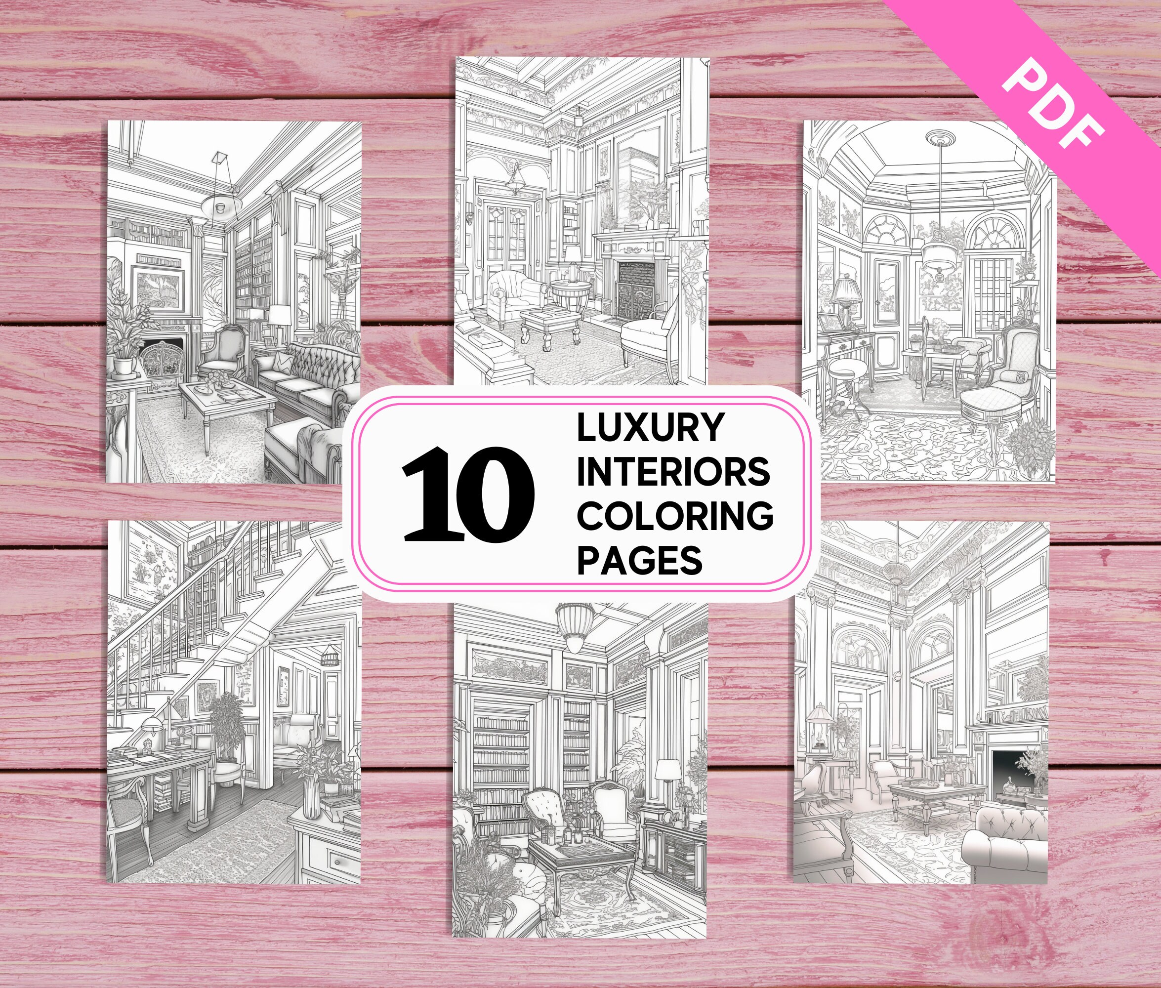 Luxury Interiors - 10 Coloring Pages for Adults | Printable PDF 10 ...