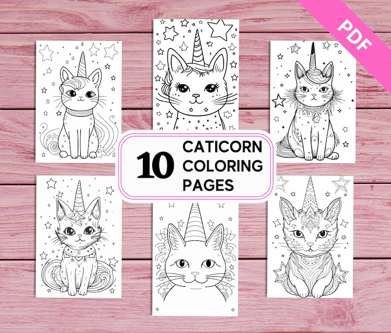 10 Cute Caticorn Coloring Pages for Kids | Printable PDF 10 Pages A4 ...