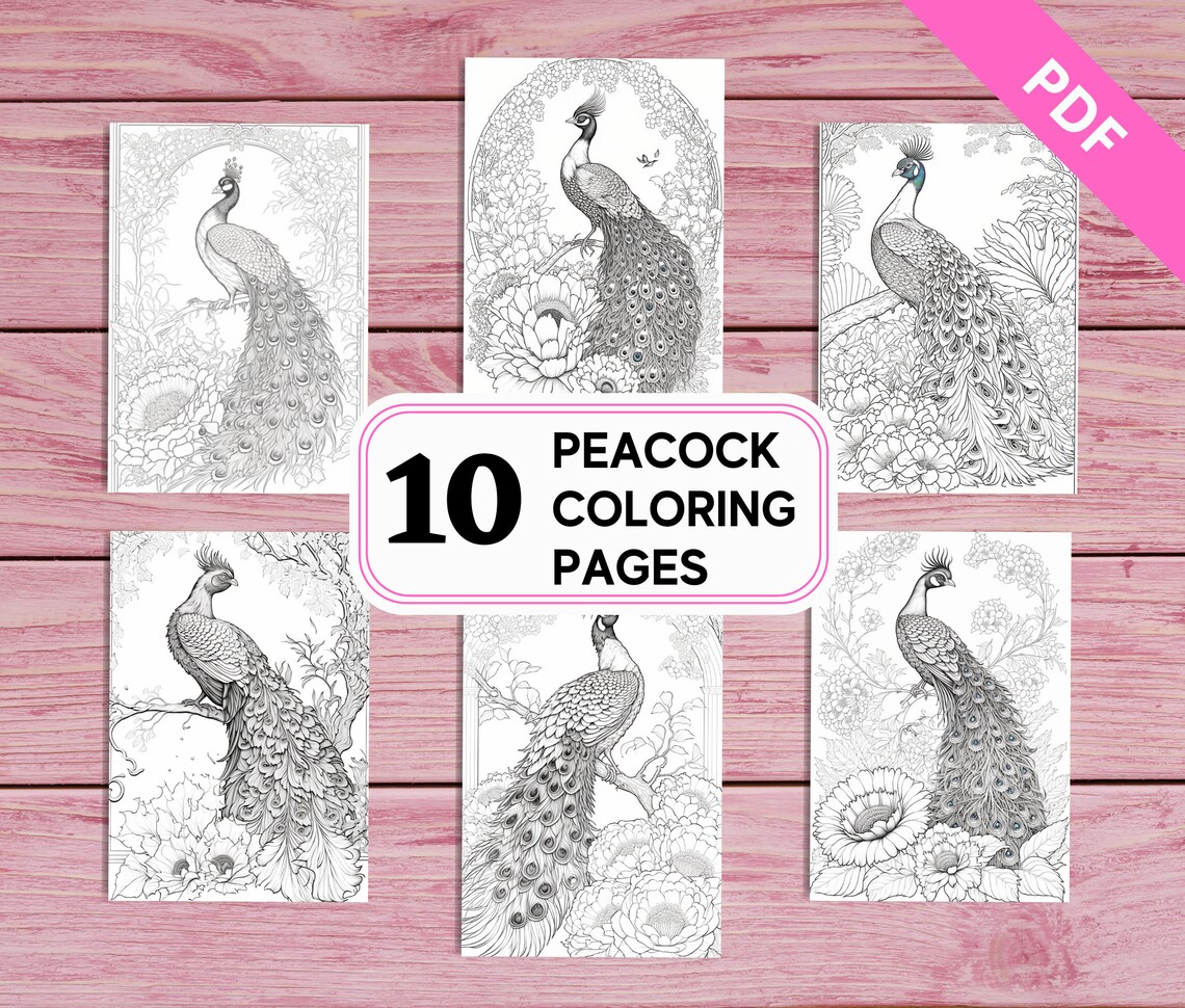 Beautiful Peacocks - 10 Coloring Pages for Kids and Adults | Printable ...