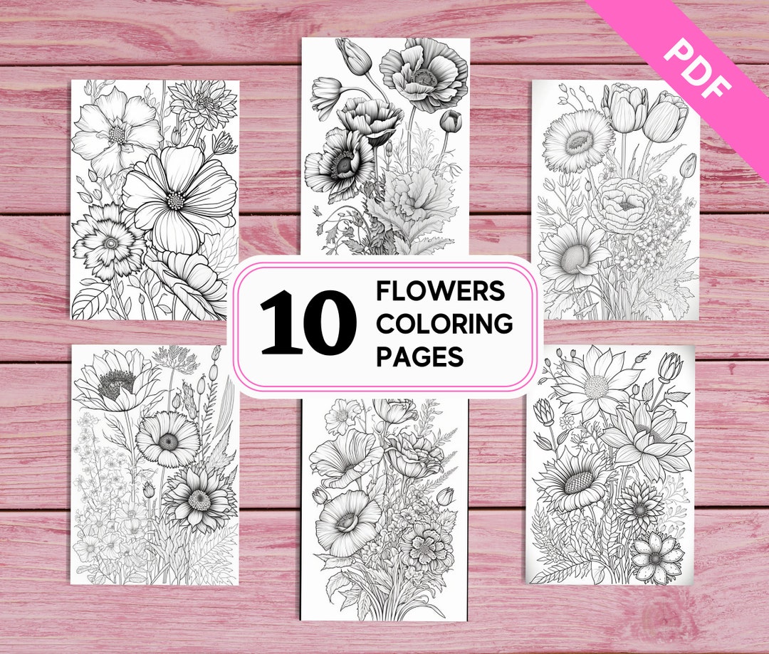 Pretty Flowers - 10 Coloring Pages for Adults | Printable PDF 10 Pages ...