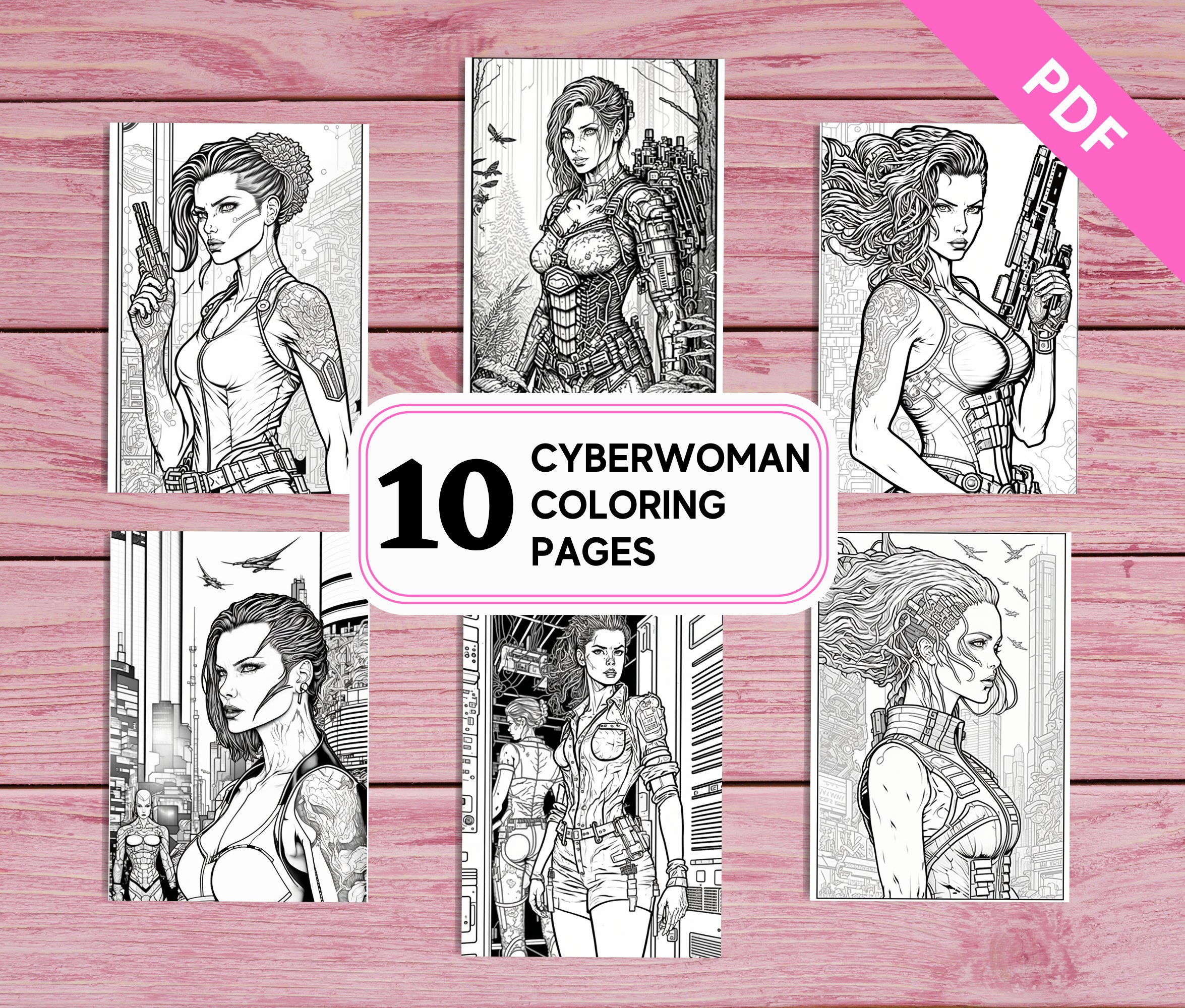 Cyberwomen Cyberpunk Cyborg 10 Coloring Pages for Adults Printable PDF 10 Pages A4 Sci-fi ...
