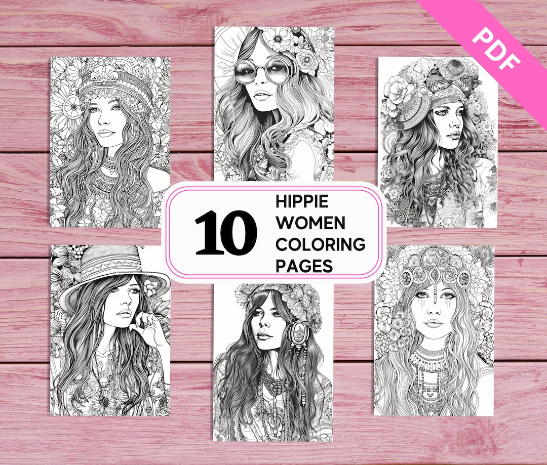 1970s Hippie Women Coloring Pages – Retro Portraits (printable PDF) - Etsy