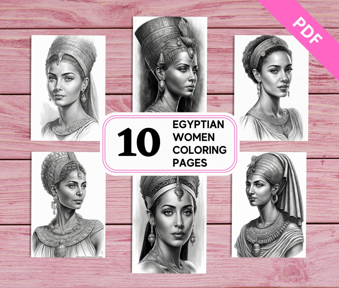 Egyptian Women Portraits Coloring Pages - 10 Printable Greyscale ...