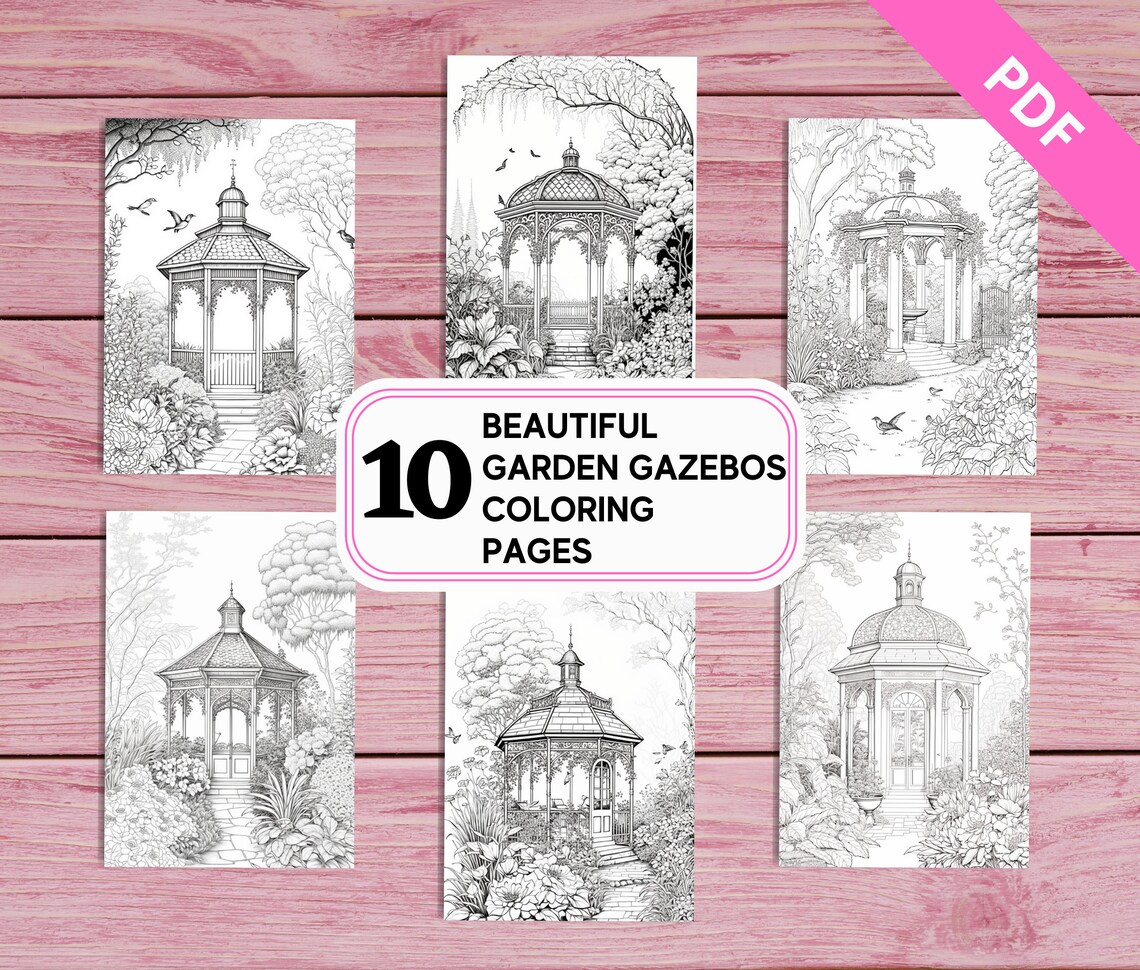 Beautiful Garden Gazebos 10 Coloring Pages for Adults Printable PDF 10 ...
