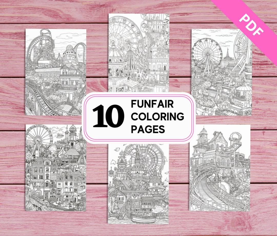Funfair - Amusement Park - 10 Coloring Pages for Adults | Printable PDF ...