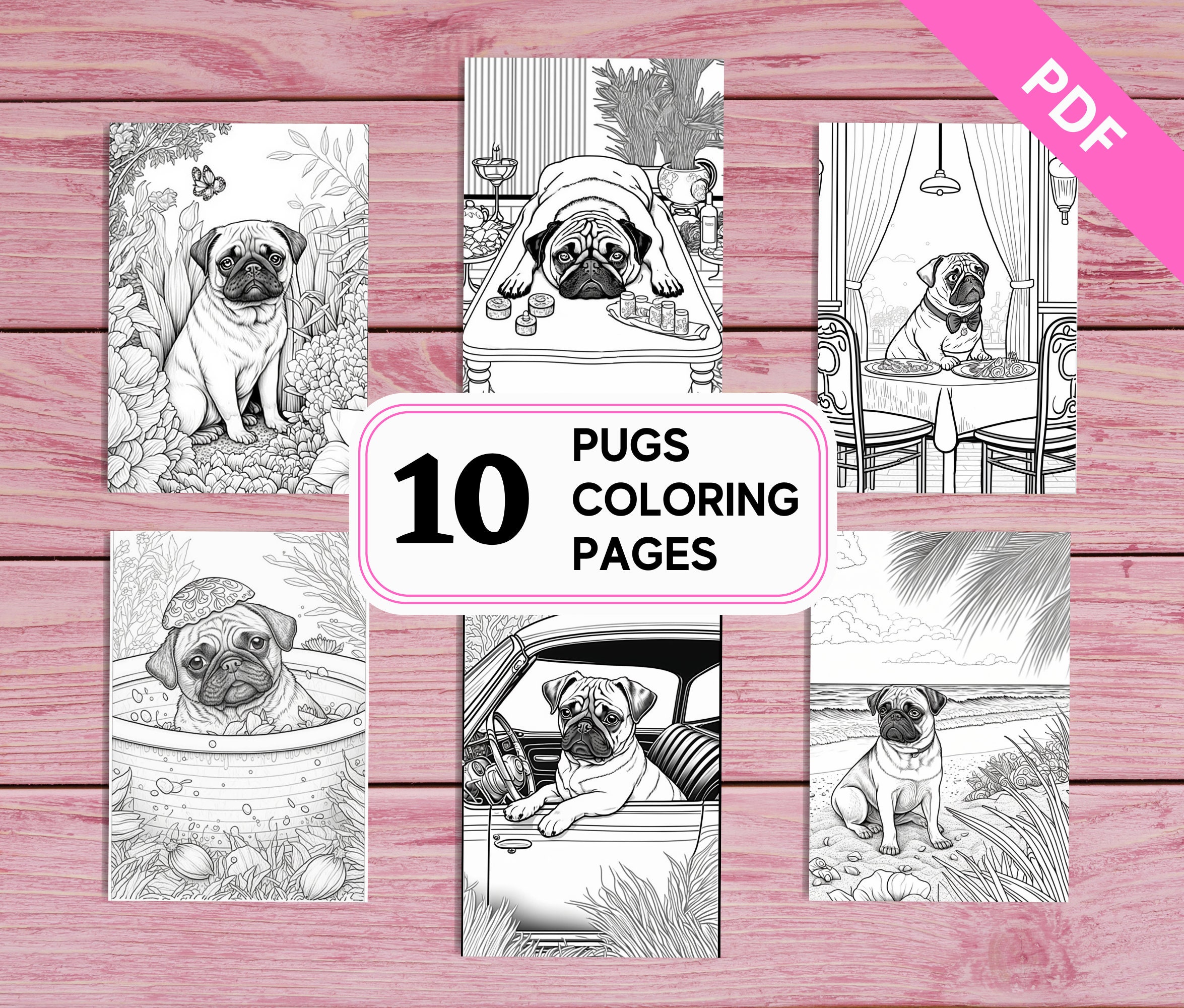 Pugs - 10 Cute & Funny Coloring Pages for Kids and Adults | Printable PDF 10 Pages A4 | Instant ...