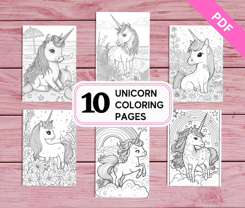 10 Cute Unicorn Coloring Pages for Kids Printable PDF 10 Pages A4 for ...