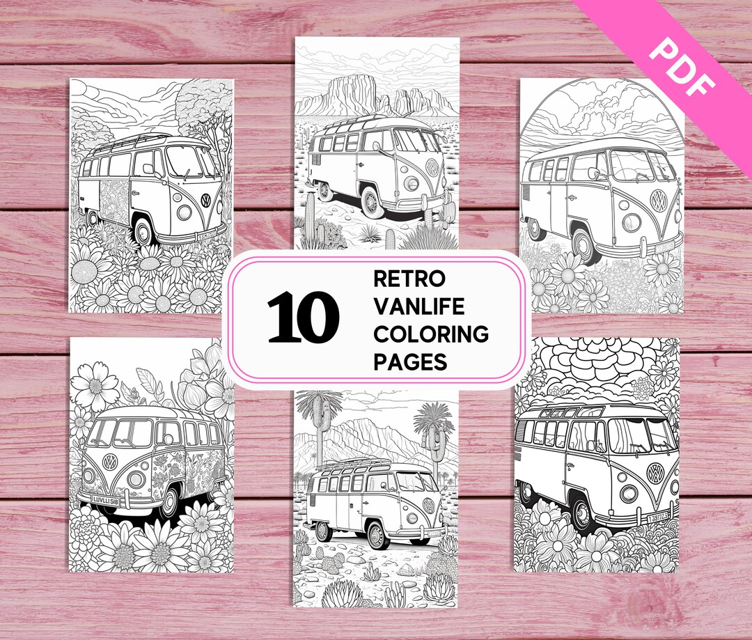 Retro Vanlife 10 Coloring Pages for Adults Printable PDF 10 Pages A4 ...