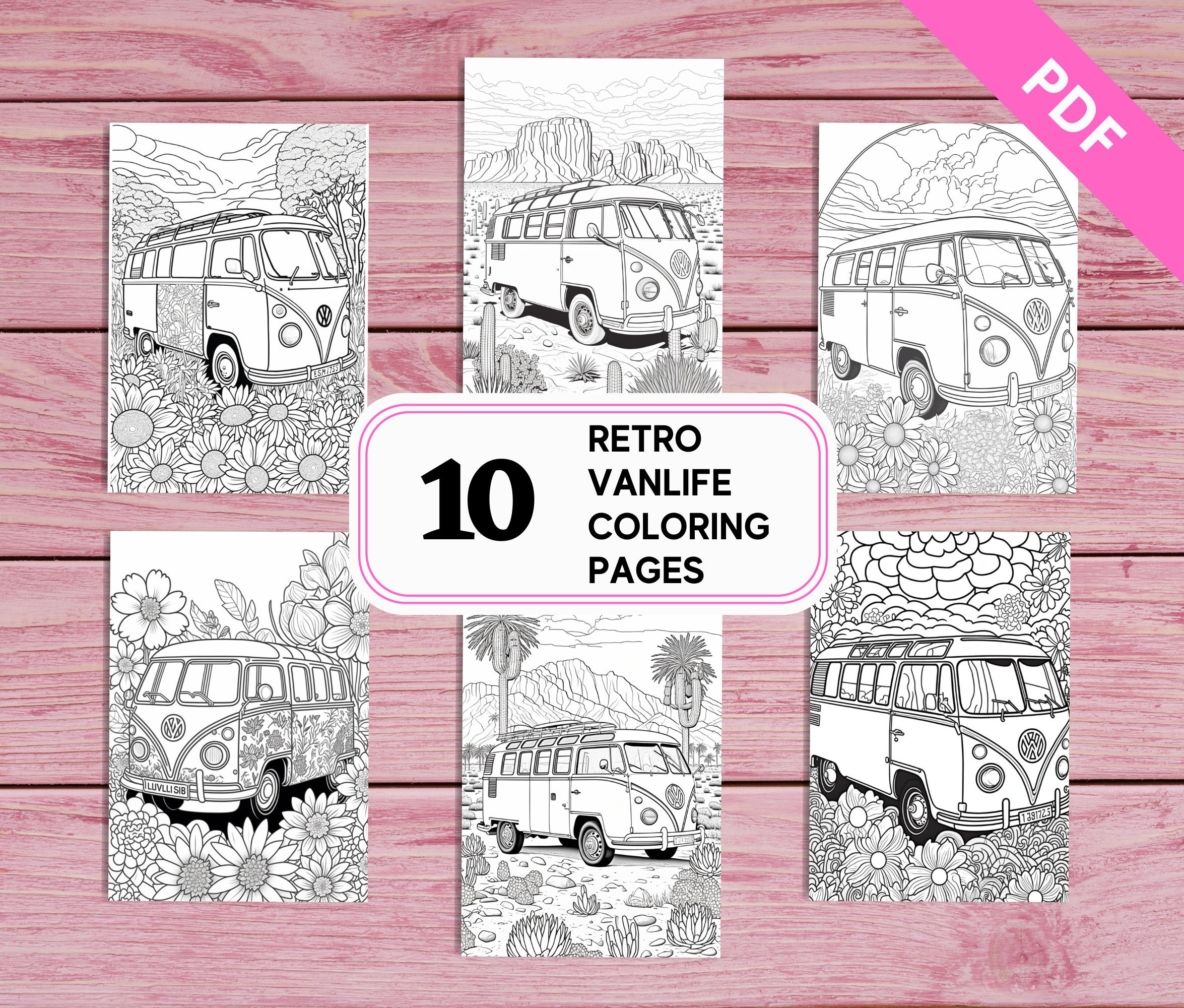 Retro Vanlife - 10 Coloring Pages for Adults | Printable PDF 10 Pages ...