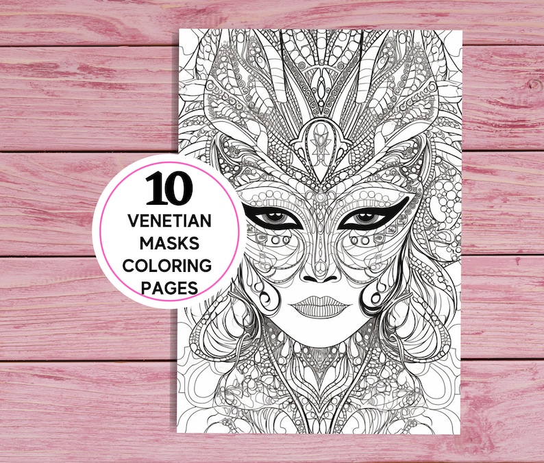 10 Venetian Masks Coloring Pages for Kids and Adults | Printable PDF 10 ...